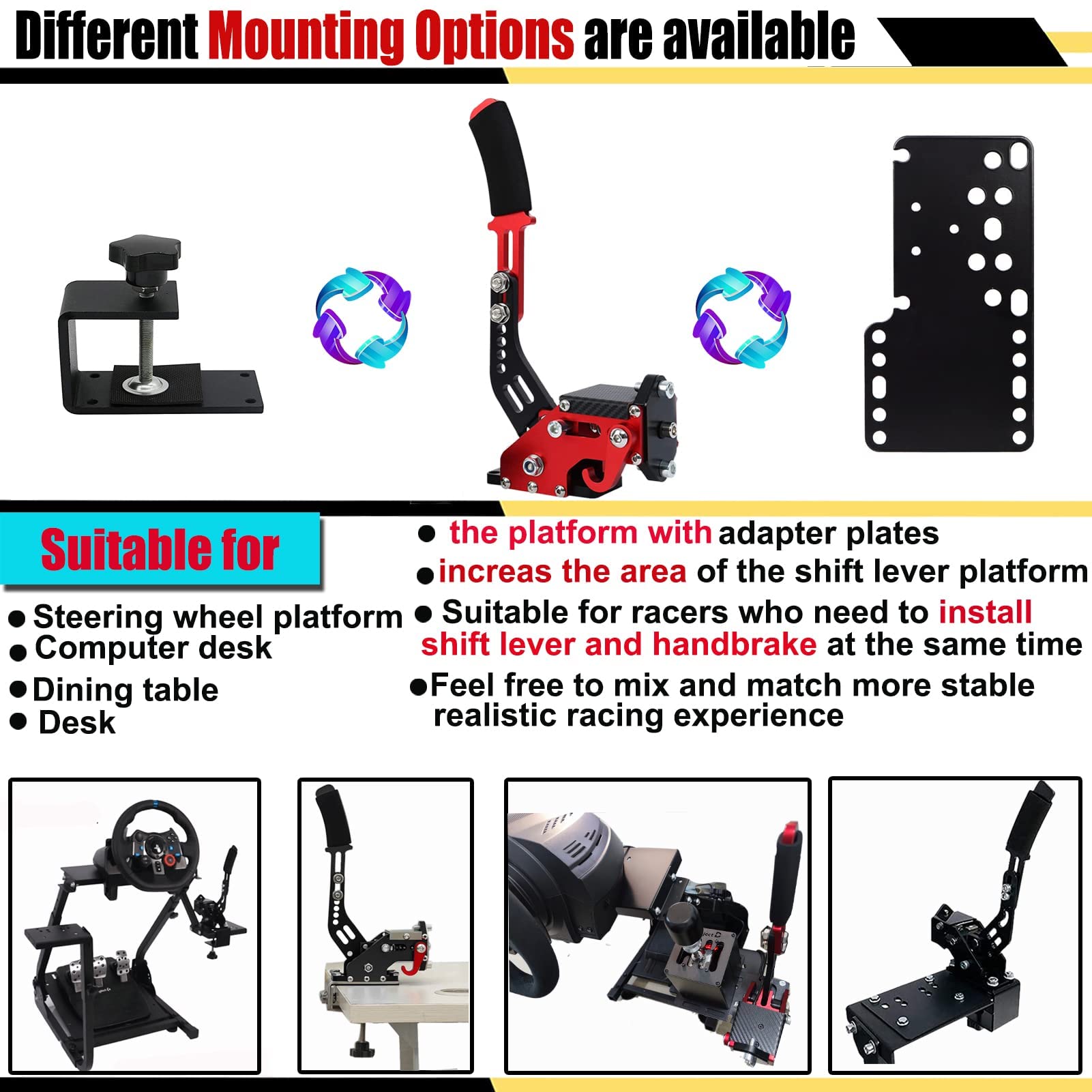 Obokidly Upgrade 2-IN-1 USB Handbrake Support G29 Compatible With PS4/PS5 + PC For Simracing Game Sim Rig With Clamp (Support G29 With Clamp, Red)