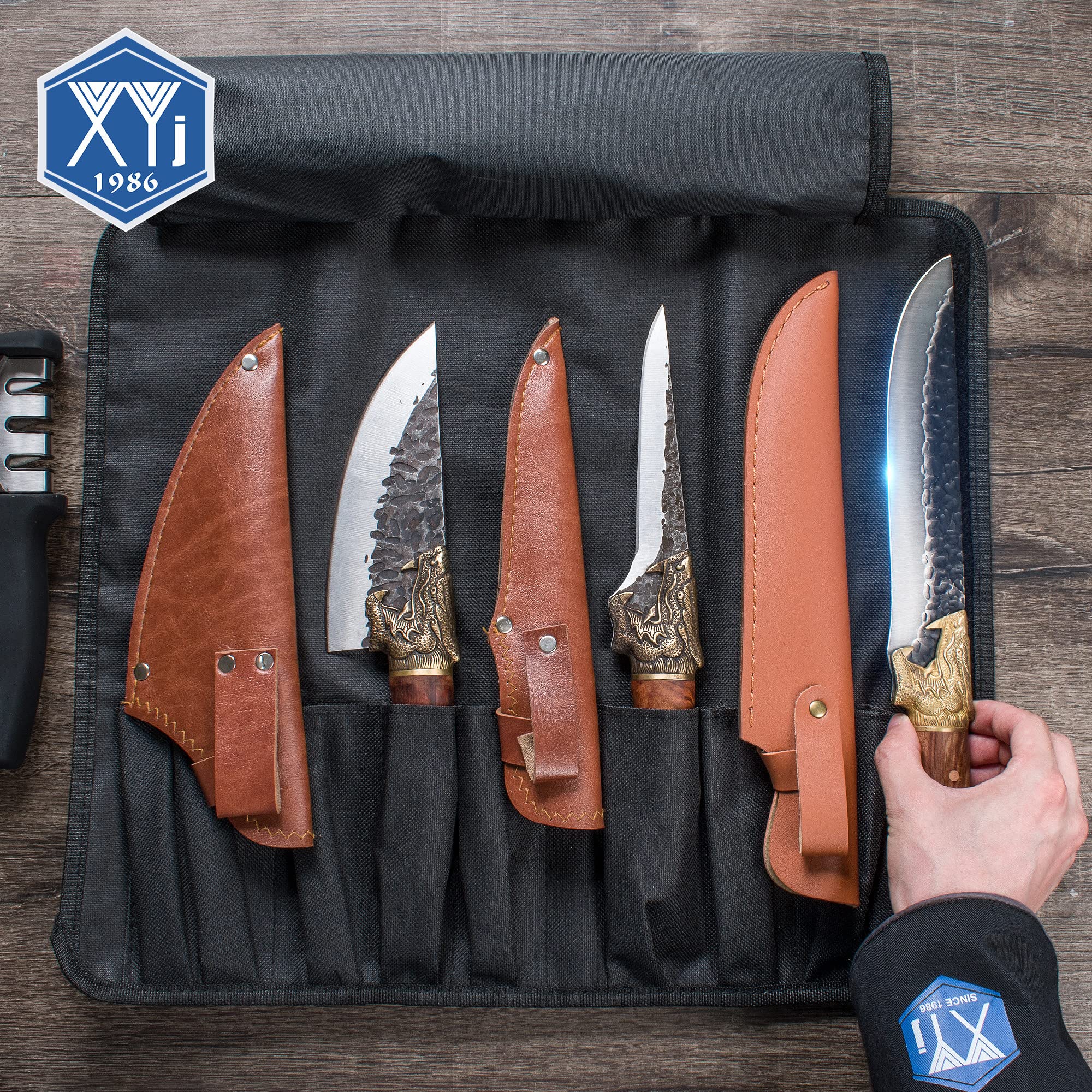 XYJ Authentic Since 1986,Professional Forged Chef Knives With Sheath,Sharpener,Camping Kitchen Knives,Slicing Cutting Knives,Meat Vegetable Cooking Butcher Knives Roll Bag Set (4 In 1)