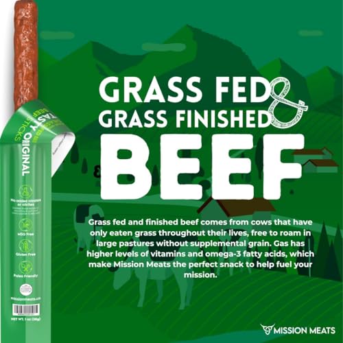 Mission Meats Grass Fed Beef Sticks β Sugar Free Beef Sticks, Gluten Free, Paleo, Keto Meat Sticks, Individually Wrapped, 1oz (Original, Pack of 24)