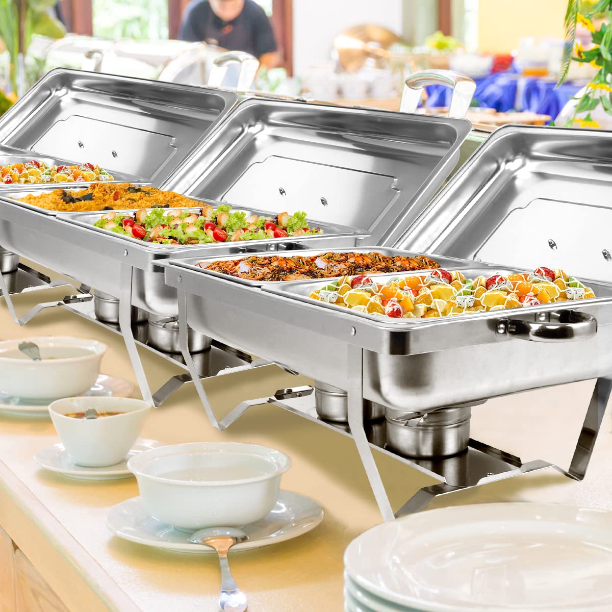 Snowtaros 4 Pack 8QT Chafing Dish Buffet Set, Stainless Steel Food Warmer Set, Rectangular Buffet Server with Tongs & Spoons for Parties, Catering, Banquets, Events (2 Full Size + 2 Half Size)