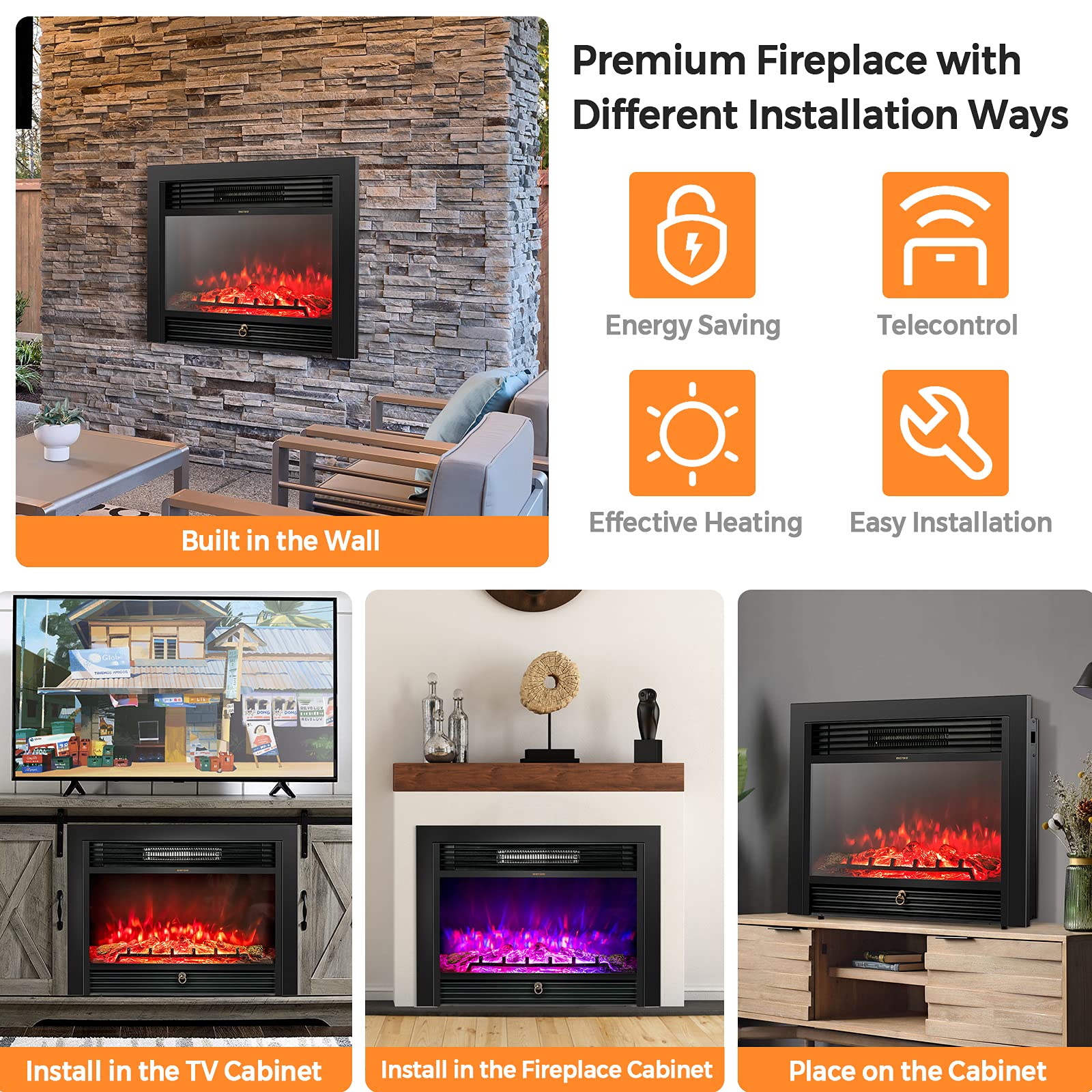 SIMOE 28.5" Electric Fireplace Insert,750 W/1500W Fireplace Heater Insert with LED Flame & Remote Control & Thermostat & Adjustable Flame,for Living Room, Bedroom & Office, Black
