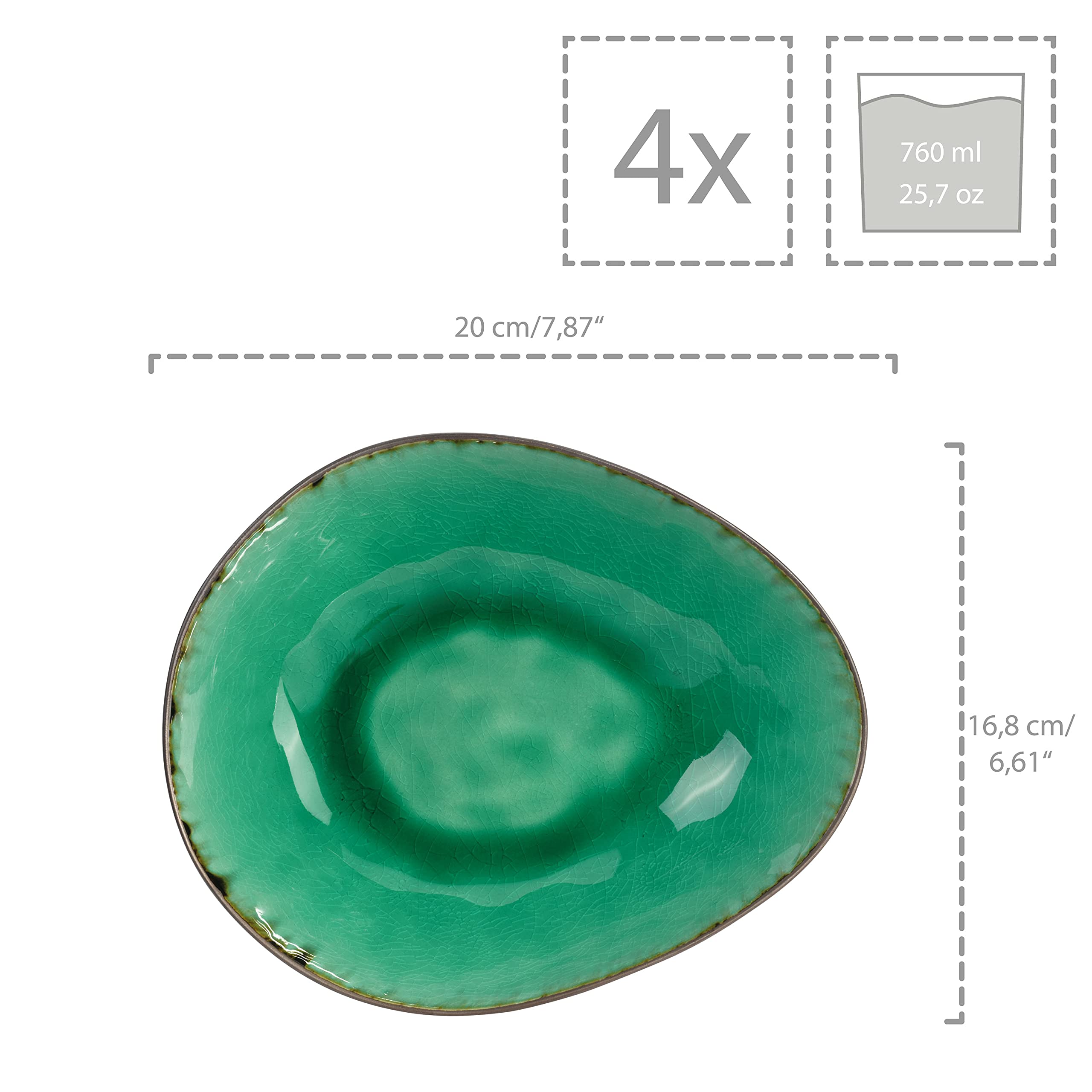Sänger | Salad bowl Palm Beach 4 pieces, bowl for salad 4 people, stoneware tableware set for salad, handmade salad plate dishwasher safe multifunctional, salad plate green with black accents | 760ml