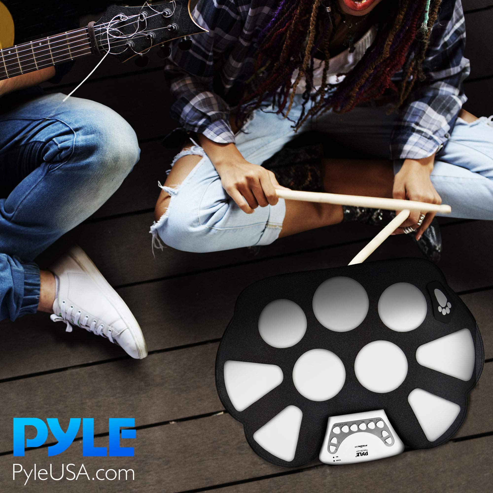 Pyle Compact & Ultra-Thin Portable Machine w/ 9 Electronic Pads, Foot Pedals, Drumsticks, & Power Supply Tabletop Roll, Loaded Drum Electric Kits & Songs (PTEDRL11.5)