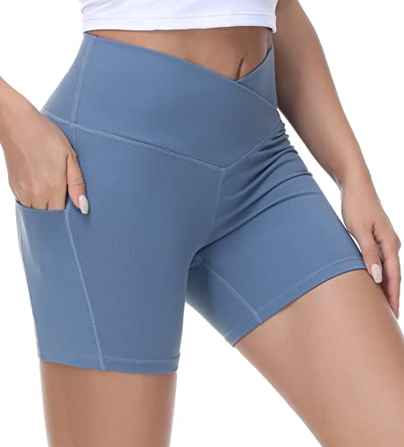Women's Cross Waist Workout Shorts Tummy Control Spandex Athletic Biker Shorts with Deep Pockets Black