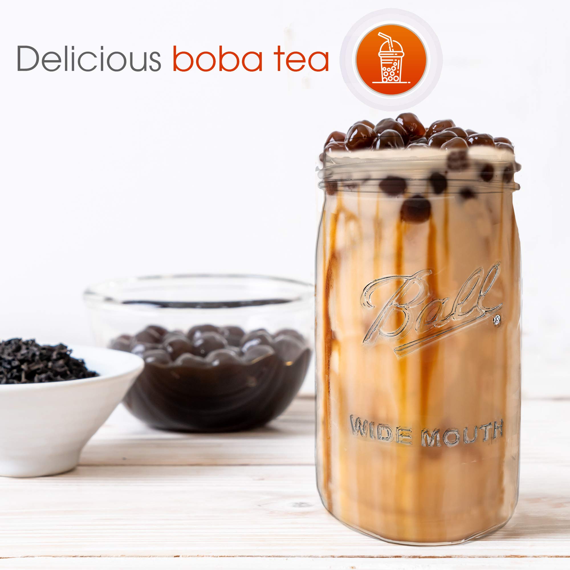 Reusable Wide Mouth Smoothie Cups Boba Tea Cups Bubble Tea Cups with Lids and Silver Straws Mason Jars Glass Cups (2-pack, 32 oz mason jars)