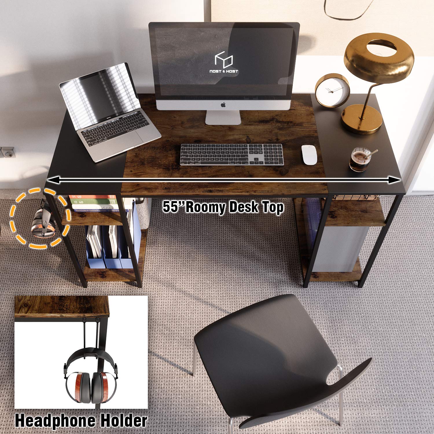 Nost & Host Home Office Computer Desk 55 inch with 4 Storage Shelves and Headphone Hanger Dual Monitor Study Writing Table Desk Modern Simple Laptop Desk Splice Board Rustic Brown and Black
