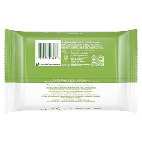 Simple Kind to Skin Cleansing Wipes Gentle and Effective Makeup Remover Micellar Free from color and dye, artificial perfume and harsh chemicals 25 Wipes