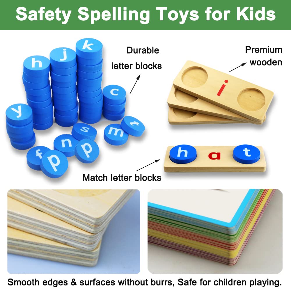 Wooden Short Vowel Reading Letters Spelling Toys, Alphabet Puzzle Flashcards Learning Activities Sight Words Reading Blocks Educational Toys for 3 4 5 Years Old Kids