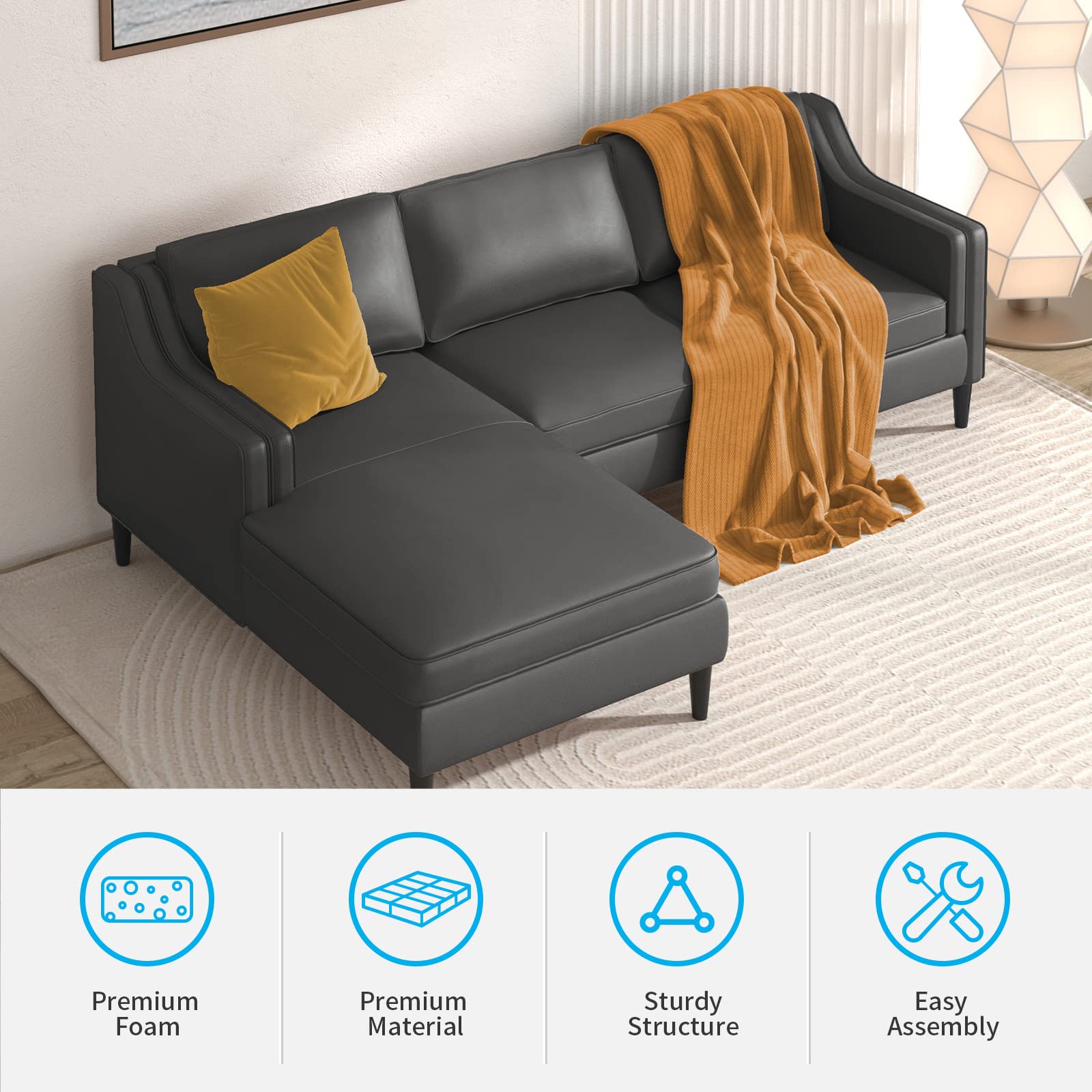 Mjkone Top Grain Leather Sectional Sofa couch, Luxurious Upholstered Couches with Left Facing Chaise, Modular Lounge & 2-Seater Couch Set for Living Room Apartment Office (Truffle)