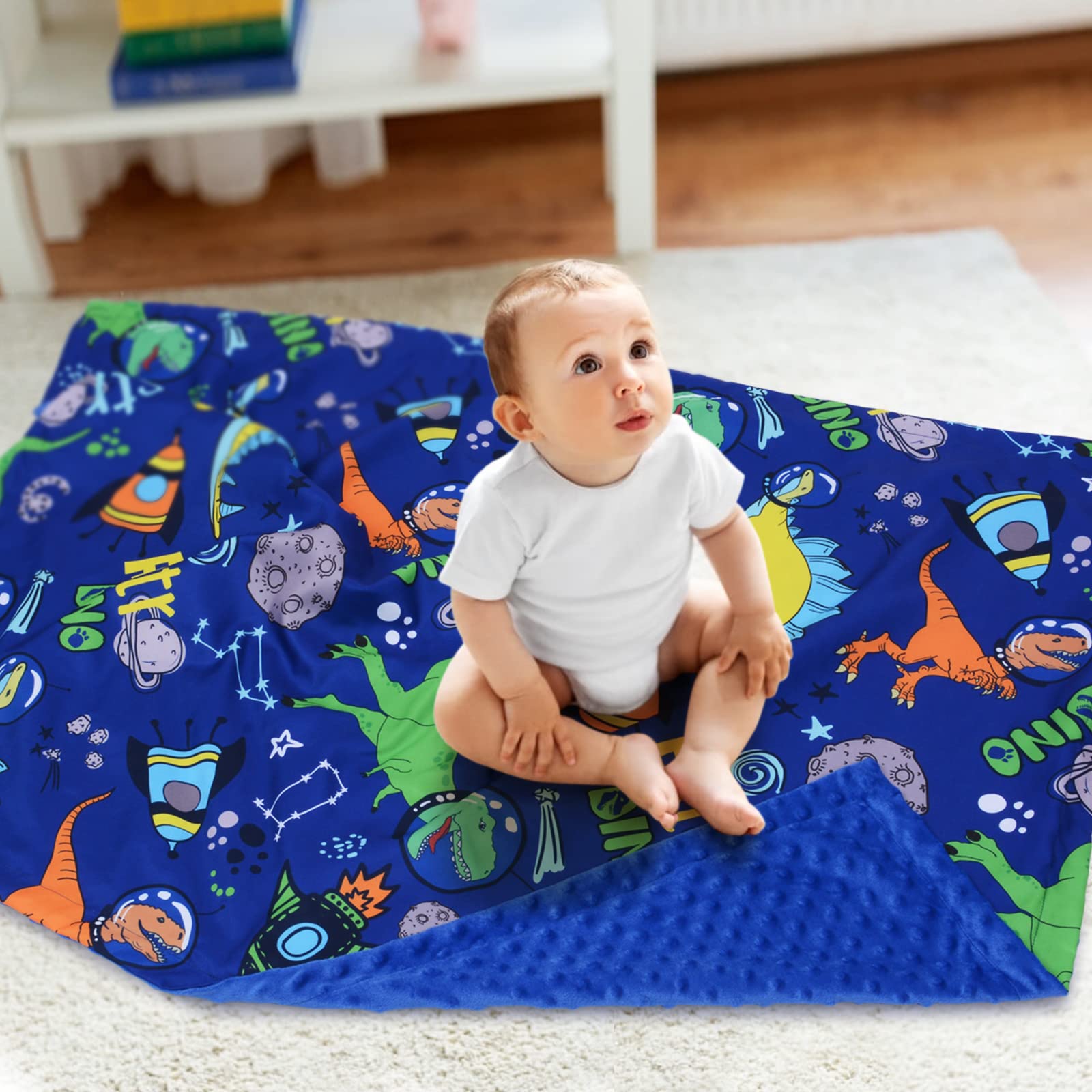 UOMNY Baby Blanket for Boys Dinosaur 30 x 40 Inch Double Layer Dotted Soft Personalized Swaddle Blanket Dinosaur for Newborn Baby Boy Blanket Dino Swaddle Blanket for Nursery Blue Space Dino