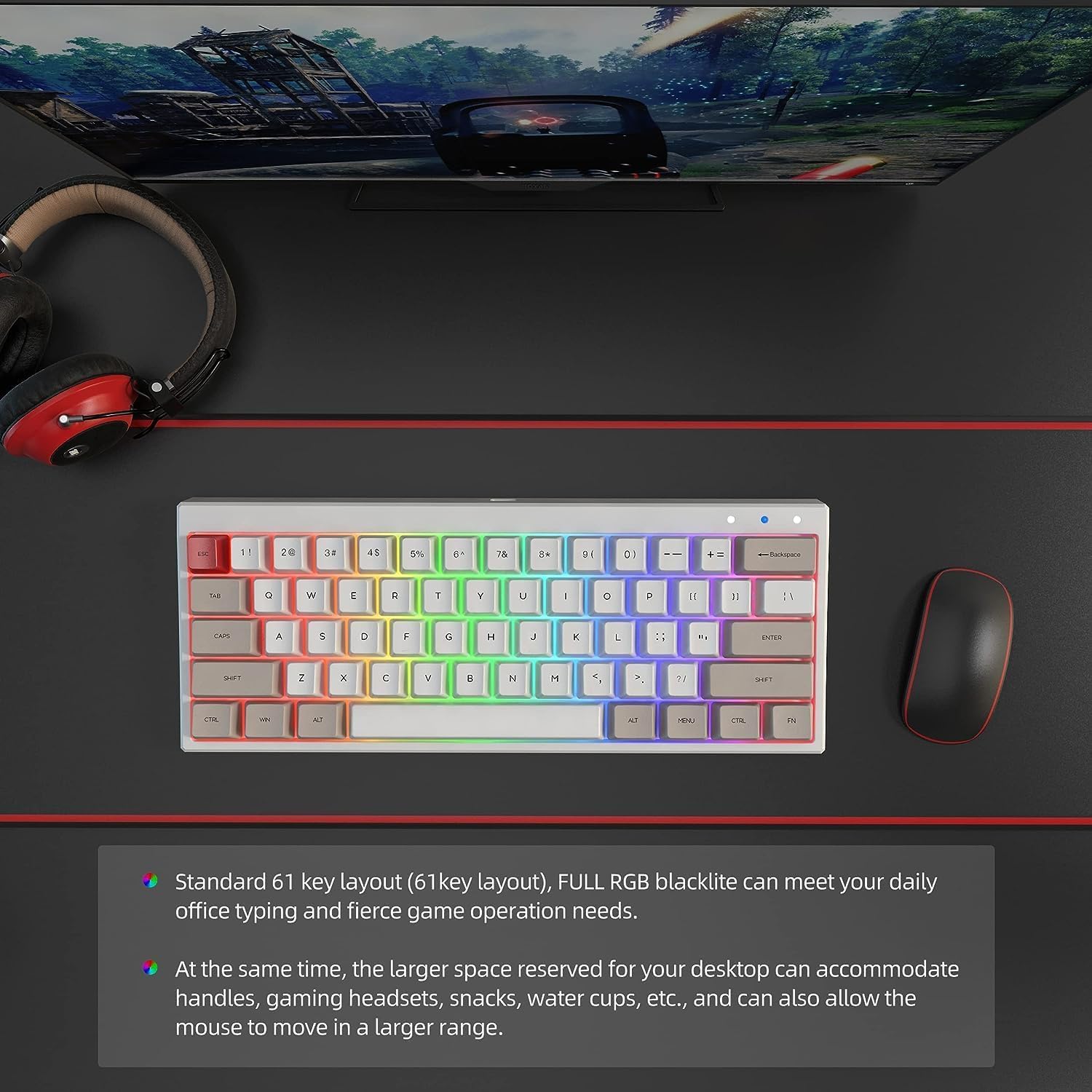Ractous RTK61BP 60% Wireless Mechanical Gaming Keyboard,RGB Blacklit PBT Sublimation Keycaps 61keys Bluetooth5.1 Gaming Keyboard for PC/Mac Gamers,Hot-Swap Gateron Optical Yellow Switch-White