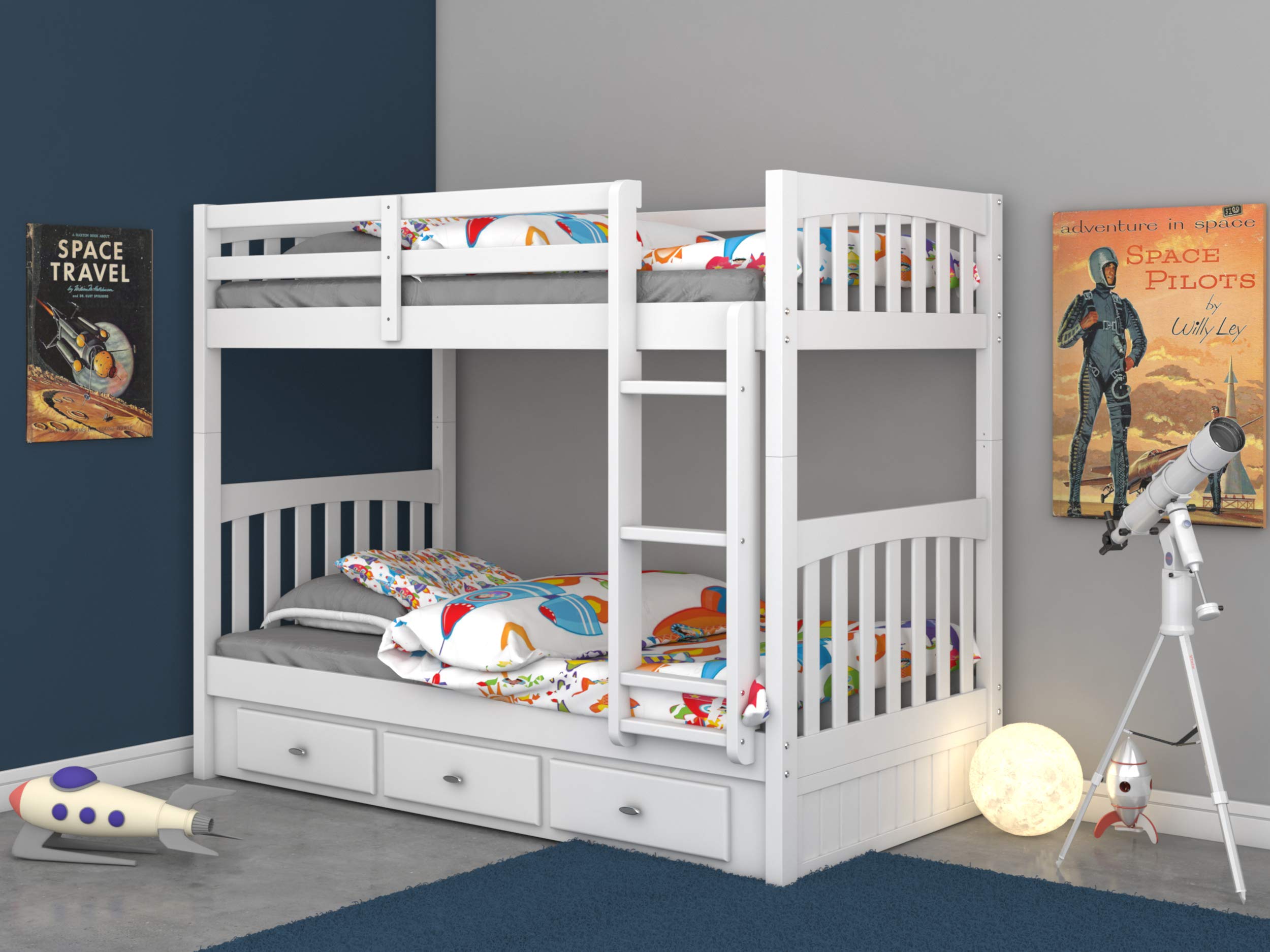 OS Home and Office Furniture Model 0210R-TTW, Solid Pine Twin Bed with Three Drawers in White Bunk