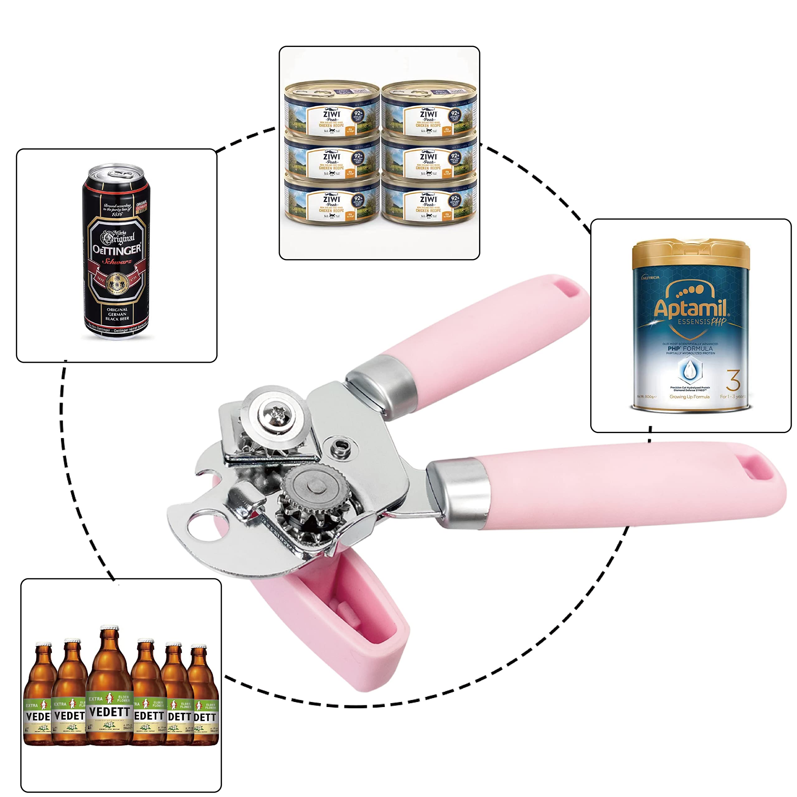Uyauld Manual Can Opener, Handheld Tin Opener Cork Screw, Easy Turn Knob, Built in Bottle Opener, Hangs for Convenient Kitchen Storage, Easily Open Tin Cans, 2 Silicone Lid Cover for Can, Pink