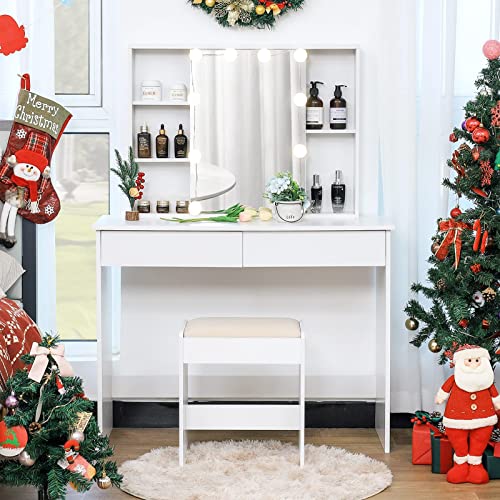 Makeup Vanity Desk with Sliding Lighted Mirror for Christmas Day, Makeup Table Vanity Desk with 2 Large Drawers, 3 Color Lighting Modes, Brightness Adjustable, Vanity Table for Women Girls, White