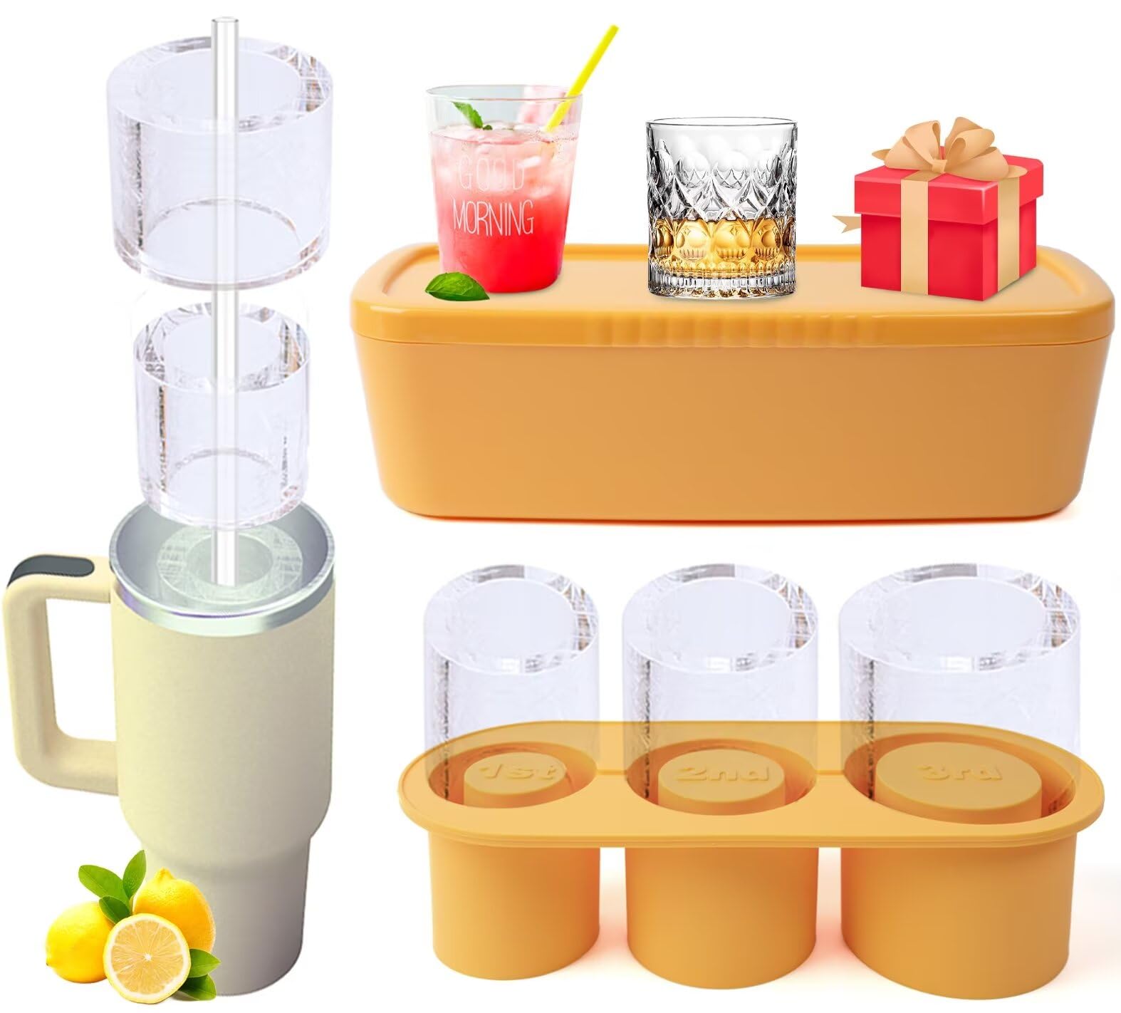 XZYLY Ice Cube Tray for Stanley Cup,Ice Mold with Lid & Bin for 30&40 oz Stanley Tumblers Accessories,Easy Release Silicone Ice Maker for Ice Drink,Juice,Whiskey,Cocktail,Summer Gifts,Yellow