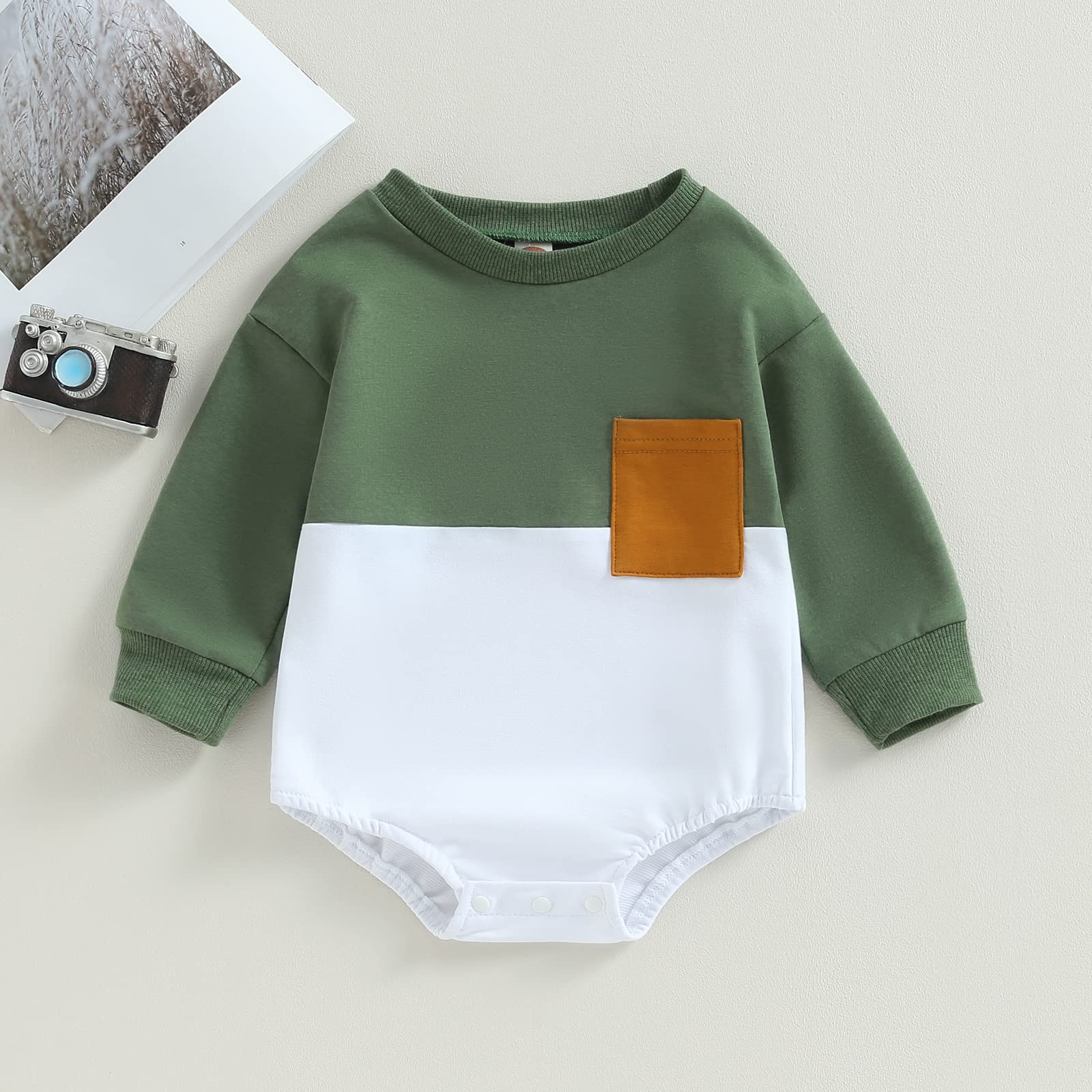 mlpeerw Newborn Boy Romper Outfit Long Sleeve Color Block Oversized Sweatshirt Fall Winter Infant Baby Bubble Onesie Clothes(Green, 6-12 Months)