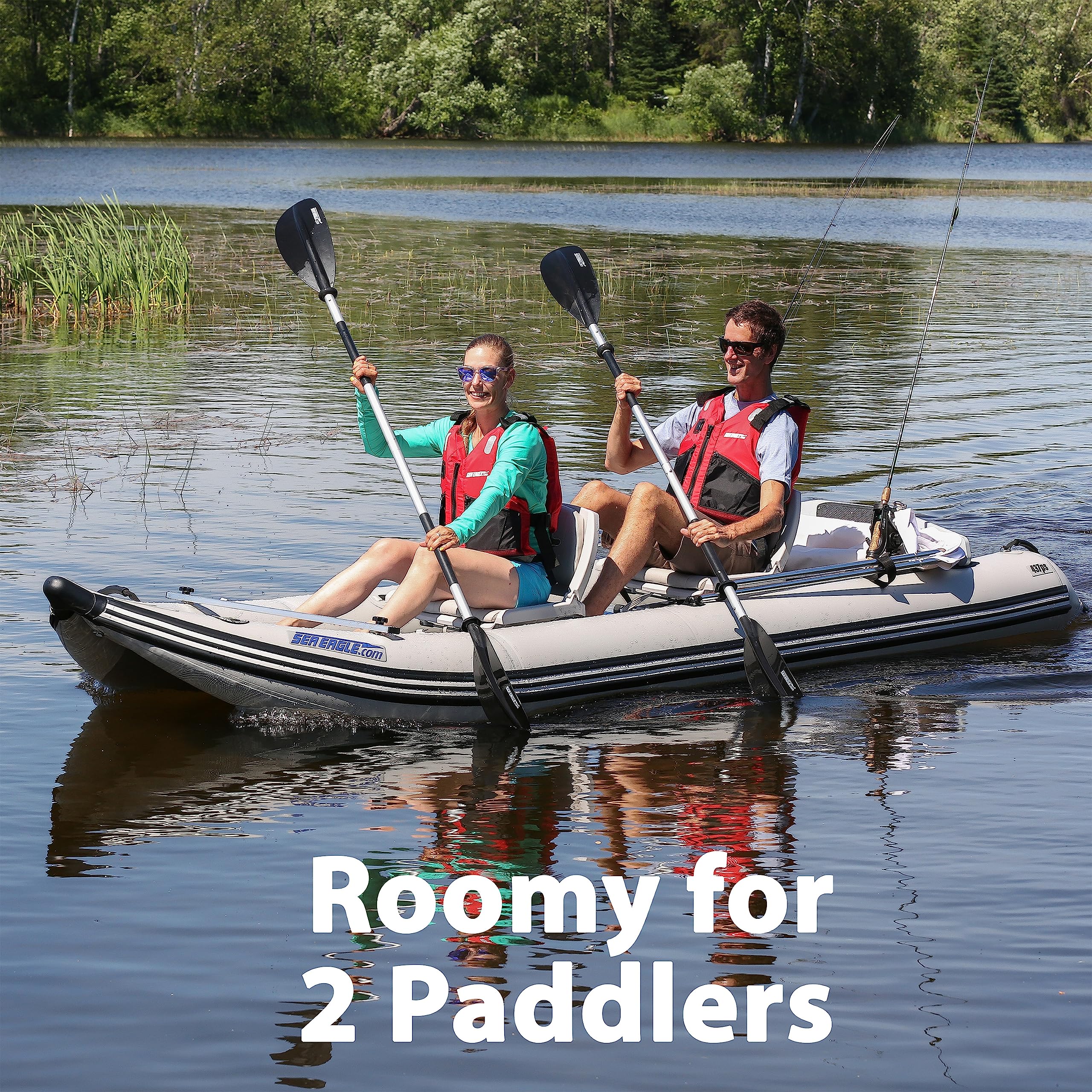 Sea Eagle 437ps PaddleSki Inflatable 1-2 Person Catamaran Boat β Paddle, Motor, Fish, or Sail β 4-in-1 Inflatable Watercraft β Self Bailing (437ps PaddleSki Swivel Seat Package)