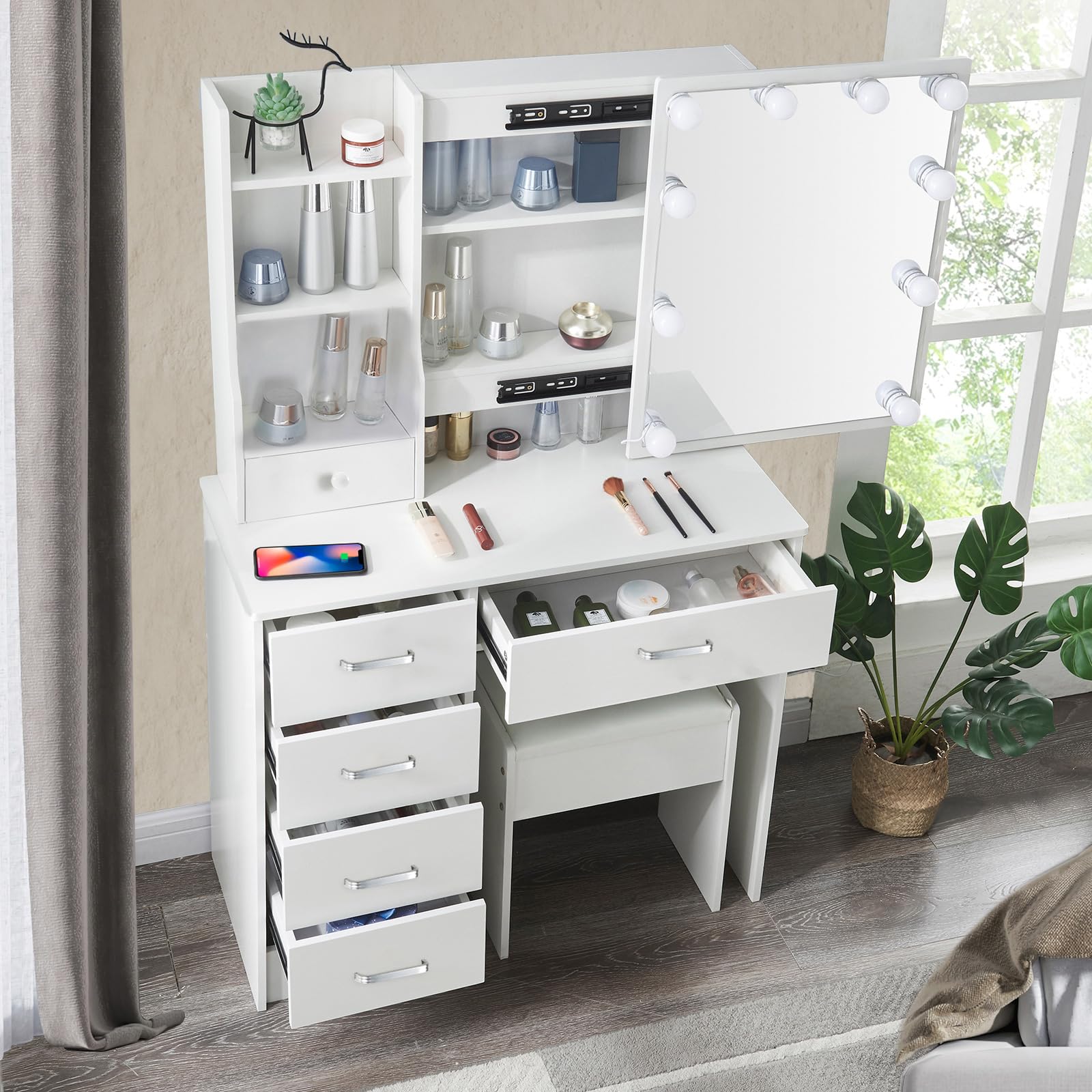 Makeup Vanity Desk with Mirror and Lights-Brightness Adjustable, White Makeup Vanity Table with Chair and Storage Drawers for Women Girls Bedroom