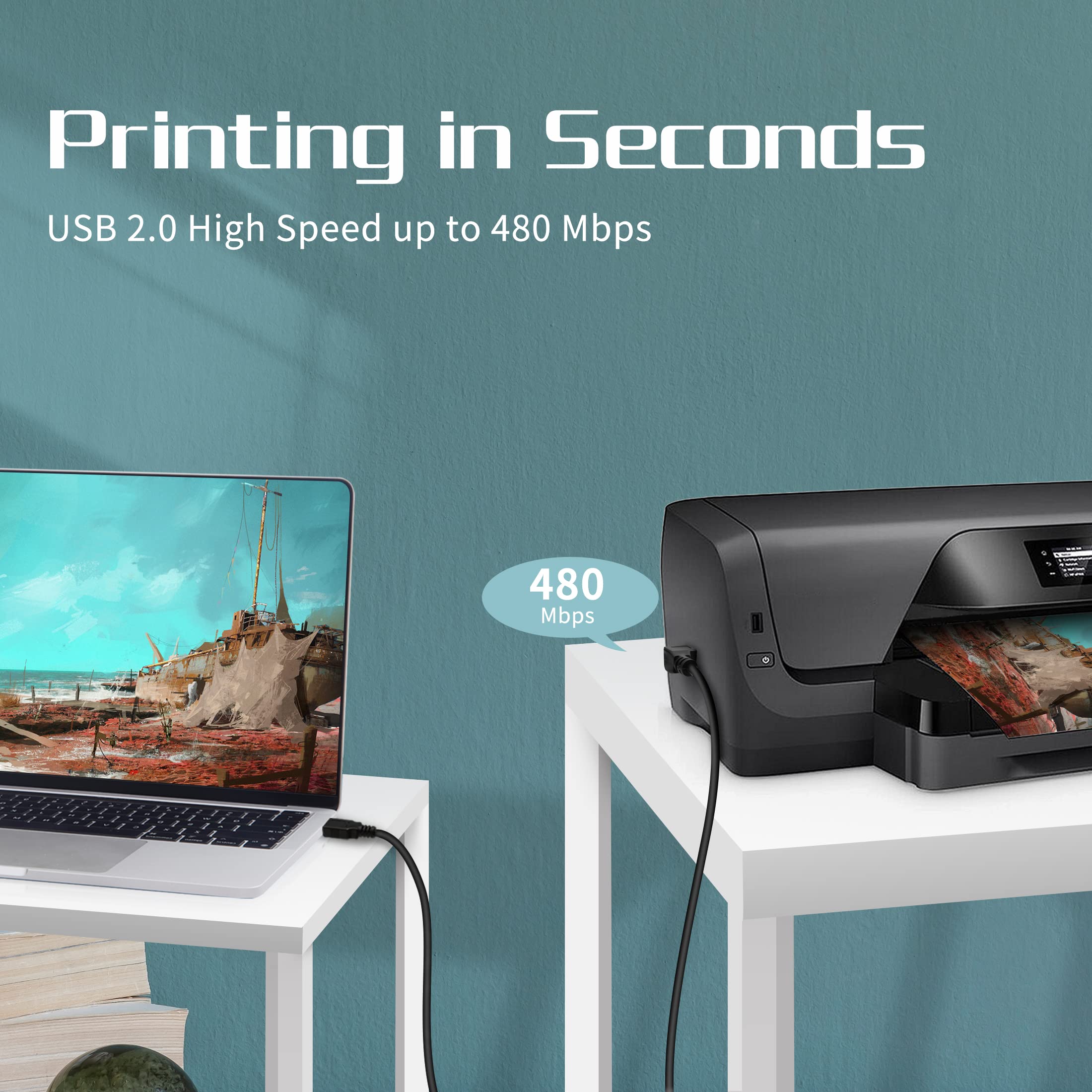 YACSEJAO USB Printer Cable 90 Degree USB 2.0 A Male to B Male Printer Scanner USB B Cable Cord with 480Mbps High Speed Printing, 1.5M(Right Angle)