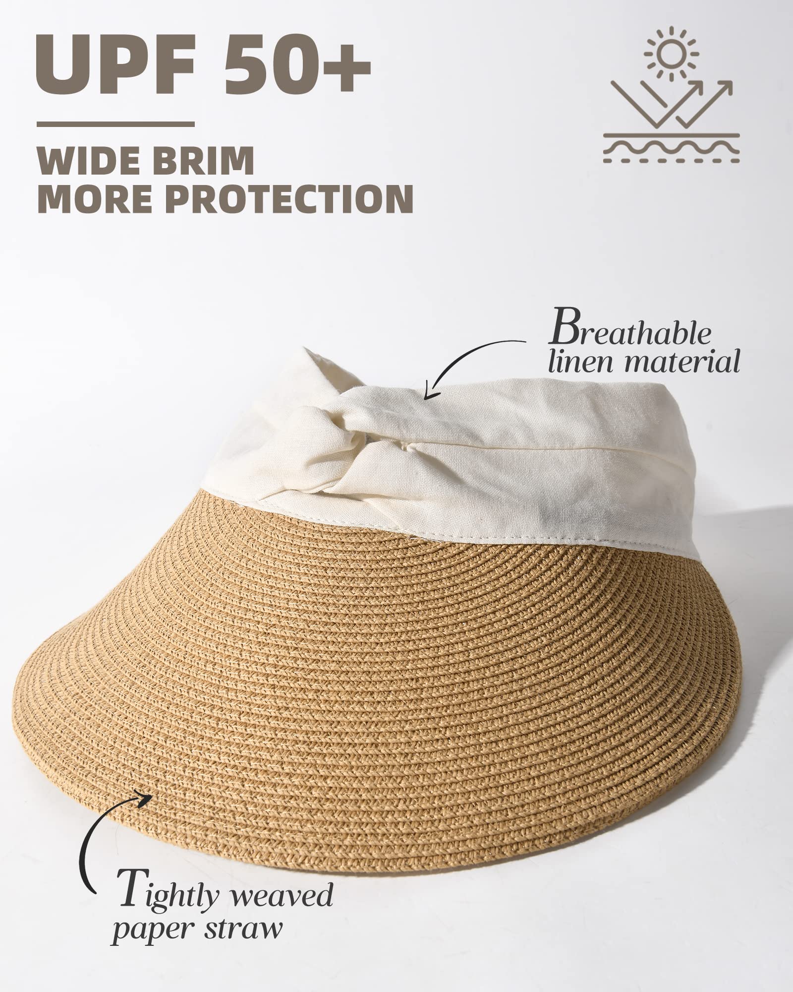 Straw Sun Visor Hats for Women Beach Summer Sun Hat Wide Brim Sun Hats for Women Foldable UPF 50 Womens Visor with Big Tie Khaki-Black