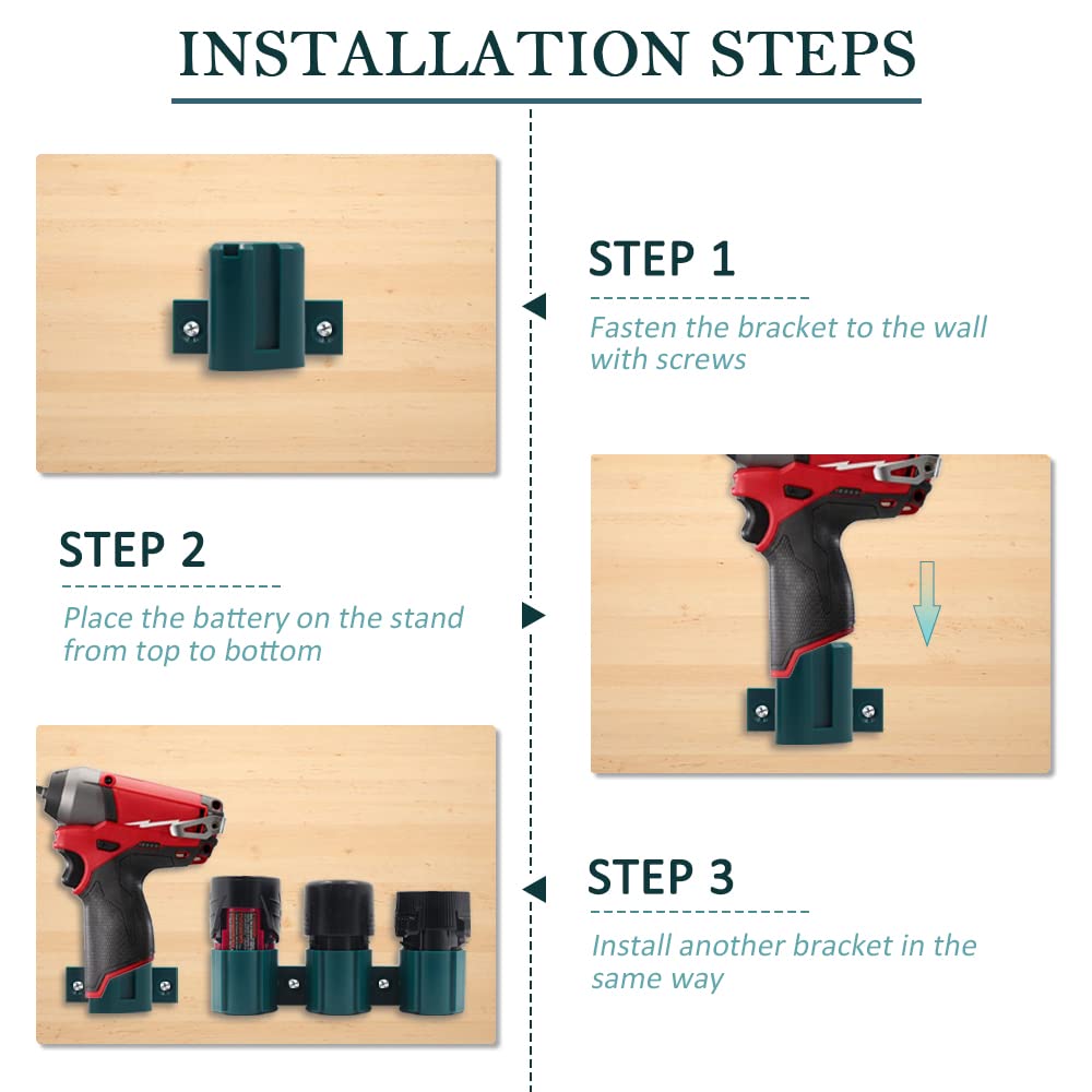 Tool Drill and Battery Wall Mount Holder Set for Milwaukee M12 12V Batteries and Tools, 3-Slot Battery Pack Rack and Tool Storage Holder for Milwaukee, Makita, Bosch