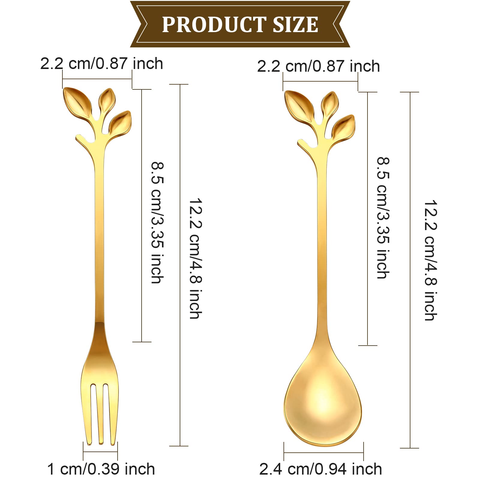 Stainless Steel Leaf Coffee Spoon and Appetizer Fork Tableware Dessert Spoon Mini Dessert Utensils Set Creative Demitasse Spoons and Forks for Stirring, Fruit, Cake, Coffee, Tea (Gold, 40 Pieces)