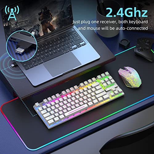 Wireless Gaming Keyboard and Mouse Combo,Rainbow Backlit 87 Keys Membrane Keyboard,2.4GHz Rechargeable 4000mAh Keyboard Mouse, Dual-Head USB&Type C Receiver for PC/Smart Phone/Laptop/Tablet/PS4(White)