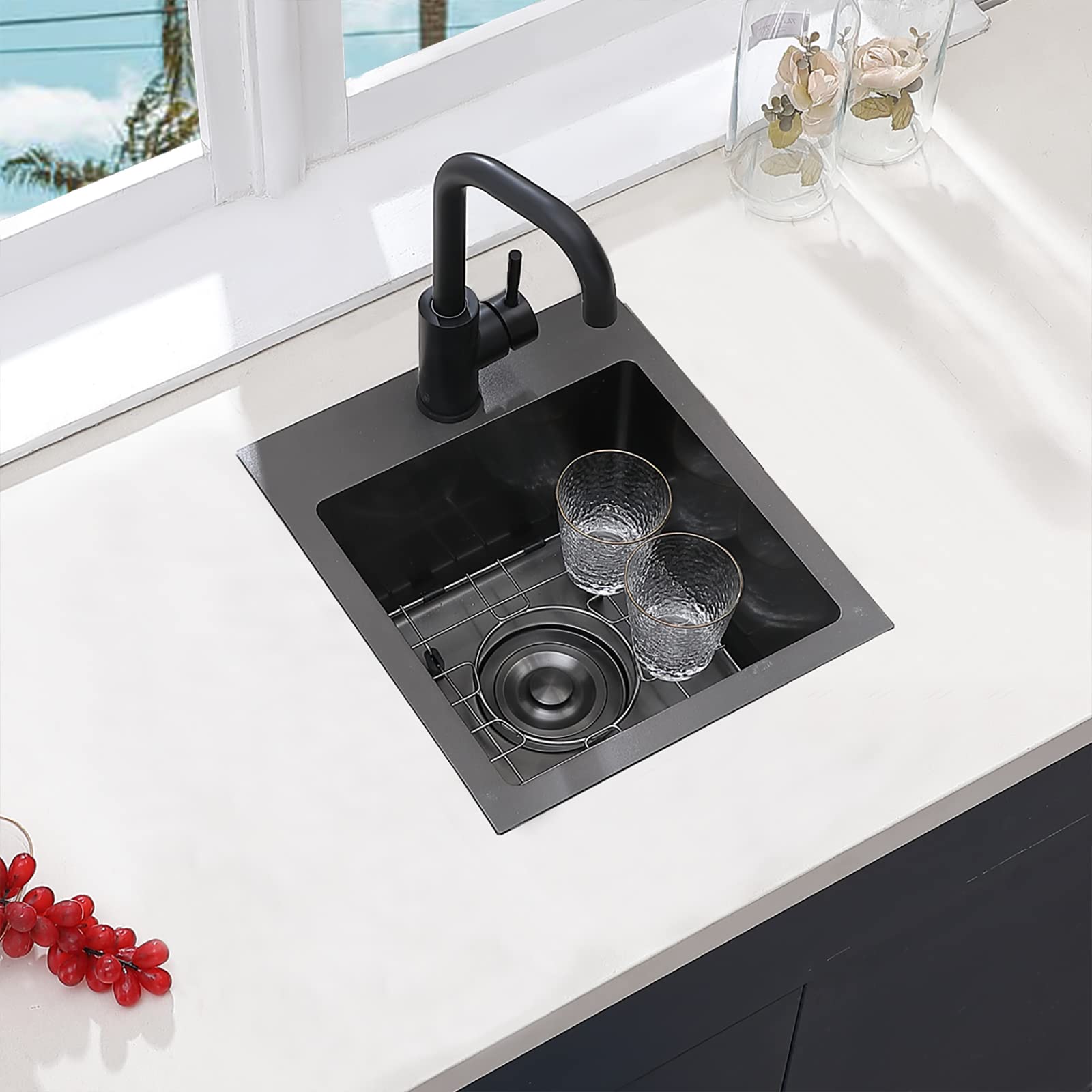 VCCUCINE Black Bar Sink Drop in, 13 x 15 Inch Topmount RV Small Kitchen Sink, Handmade Stainless Steel Wet Bar Sink, Outdoor Single Bowl Prep Sink with Dish Grid & Drain