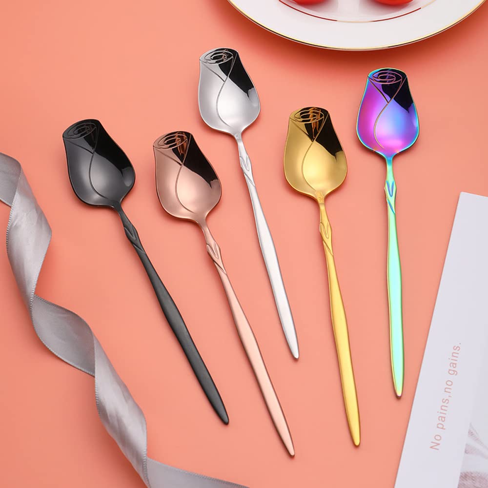 Stainless Steel Spoon Set 5 Pack, Rose flower shaped spoon, Coffee spoon,Dessert Spoon, Ice Cream Spoons, tea spoons,Love spoon, Cute holiday gift (Multicolor)