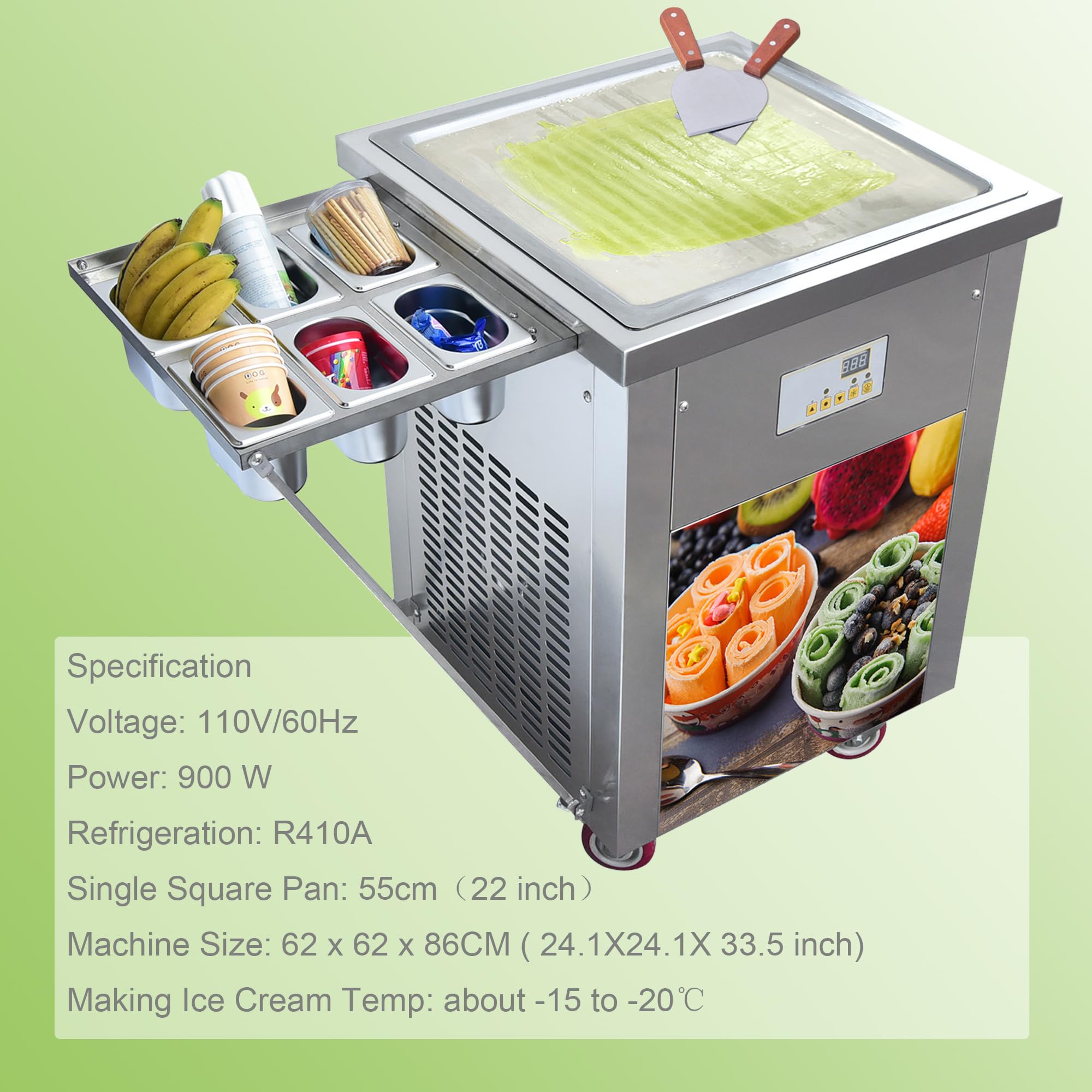 Mvckyi 22in Commercial Fried Ice Cream Machine with 6pcs CN Pan, Ice Cream Roll Maker with 4 Scrapers, Fried Yogurt Roller, Roll Ice Cream Machine, Built In Pure Copper, Fast Cooling