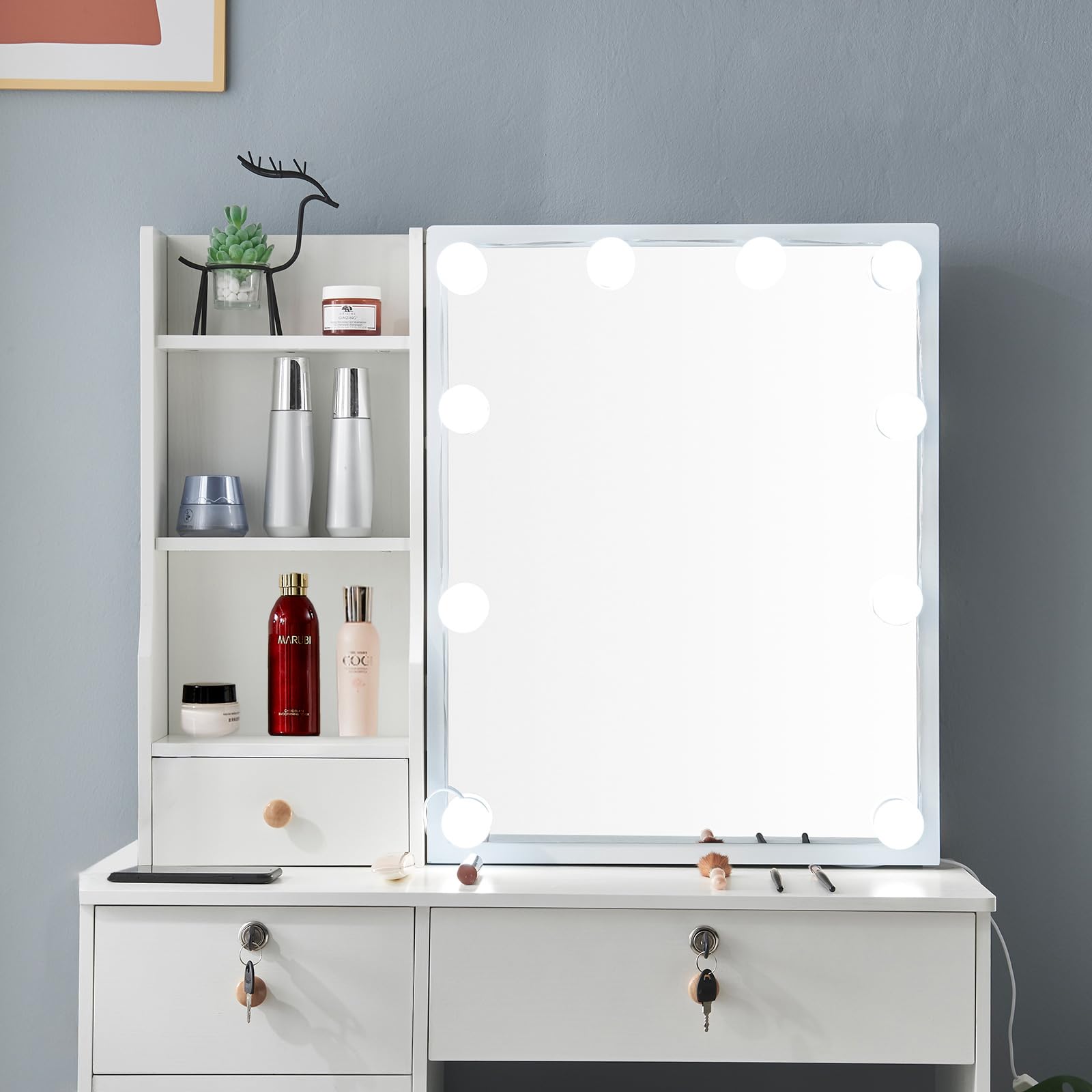 Makeup Vanity with Lights and Mirror, White Vanity Table with 5 Drawers and Chair, Makeup Vanity Set, Modern Dressing Table for Girls Bedroom