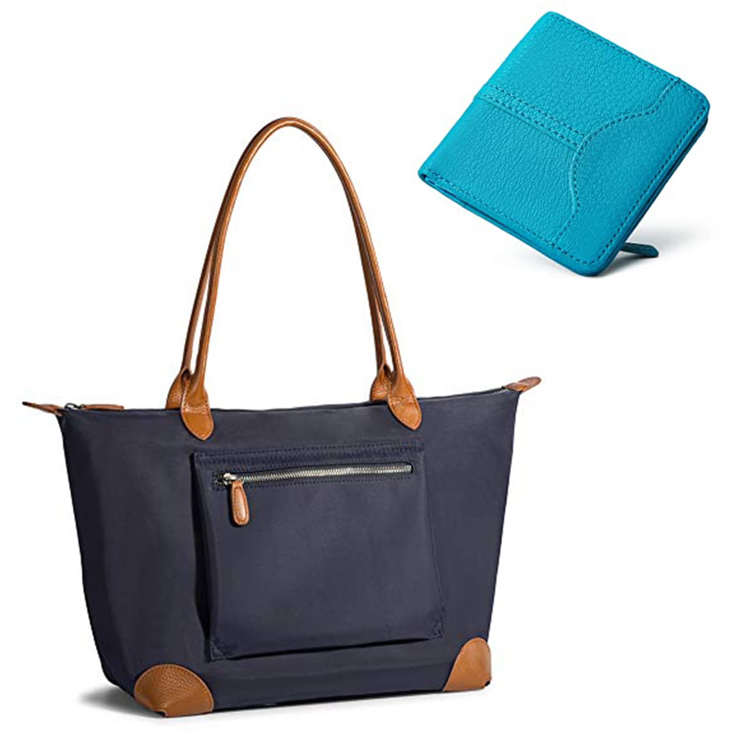 Small Leather Bifold Wallet For Women+Large Lightweight Nylon Tote Bag for Women