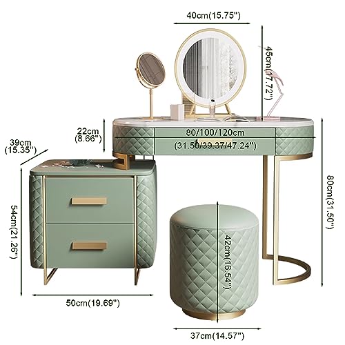 Makeup Vanity with Mirror and Lights, Luxury Dressing Table Wrapped in Microfibre Leather, Modern Vanity Set with Marble Countertop, Side Cabinet, 3 Solid Wood Drawers, Soft Chair - 31.5In Black
