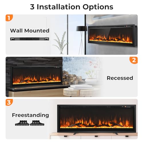 ORALNER Electric Fireplace Insert 50 Inch Wide, Recessed & Wall-Mounted Fireplace Heater with Thermostat, 9 Flame Colors & 5 Adjustable Brightness, Remote Control & 8H Timer, 750W/1500W (50 Inches)