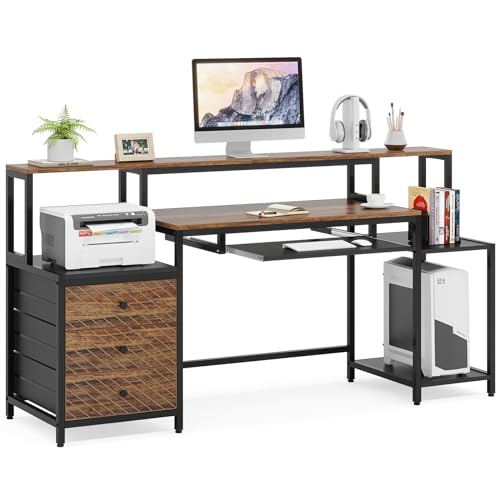 LITTLE TREE 63 inch Computer Desk with 3 Storage Drawers, Reversible Home Office Desk with Monitor Stand, Long PC Desk Workstation with Keyboard Tray, Study Writing Table, Rustic Brown