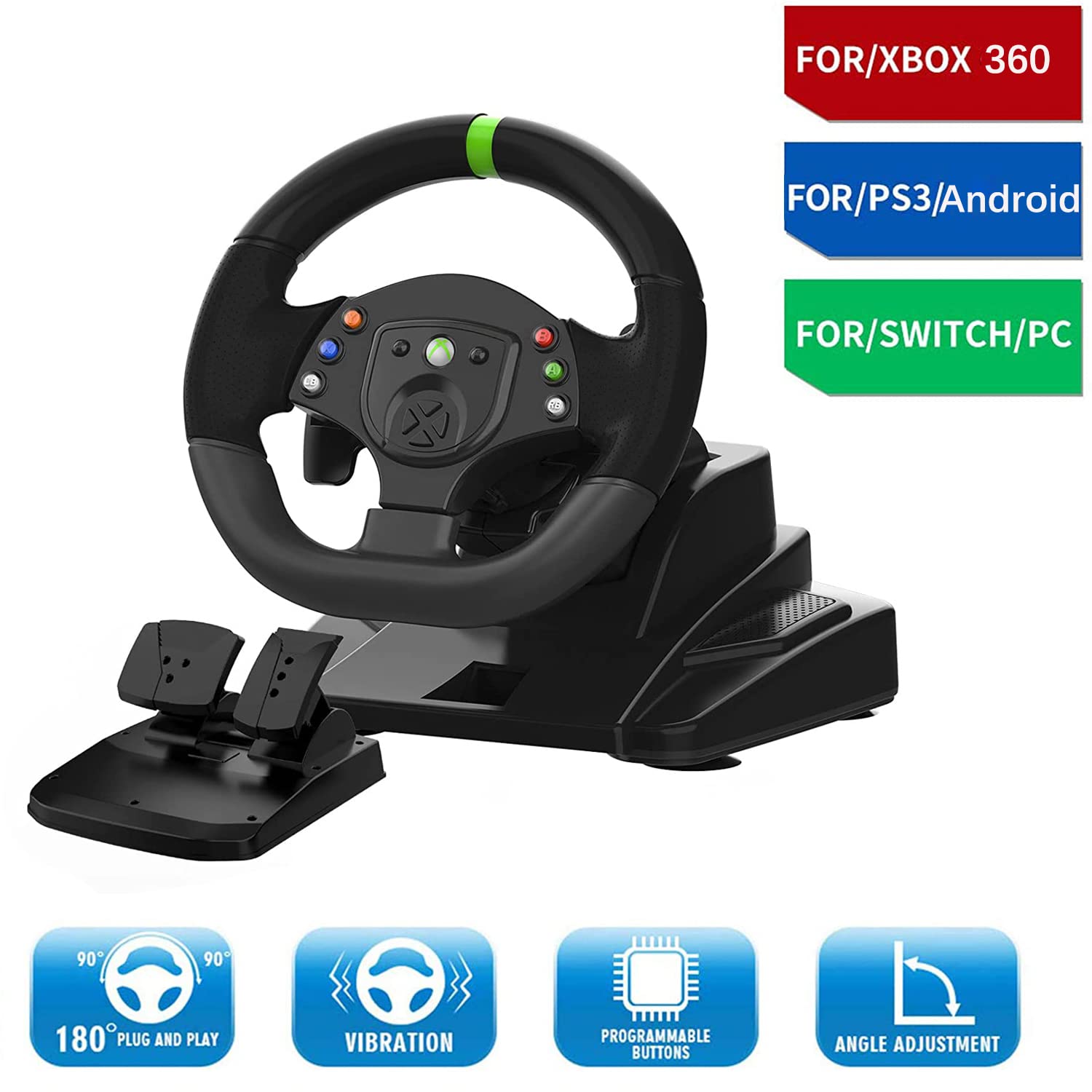 Steering Wheel for Xbox 360,PC Gaming Racing Wheel,volante para PC, 180 Degree Driving Wheel with pedals and shifter for XBOX 360 / PS3 / PC/Switch/Android