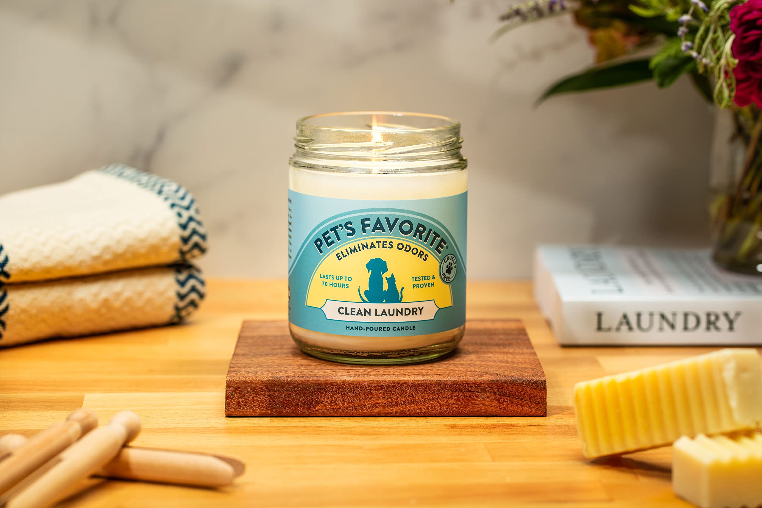 Pet's Favorite - Tested & Proven - Odor Eliminating Candle, Pet-Friendly Scented Candle, in 7 Great Fragrances β 70-Hour Burn Time, Cotton Wick (Fresh Laundry, Pack of 2)