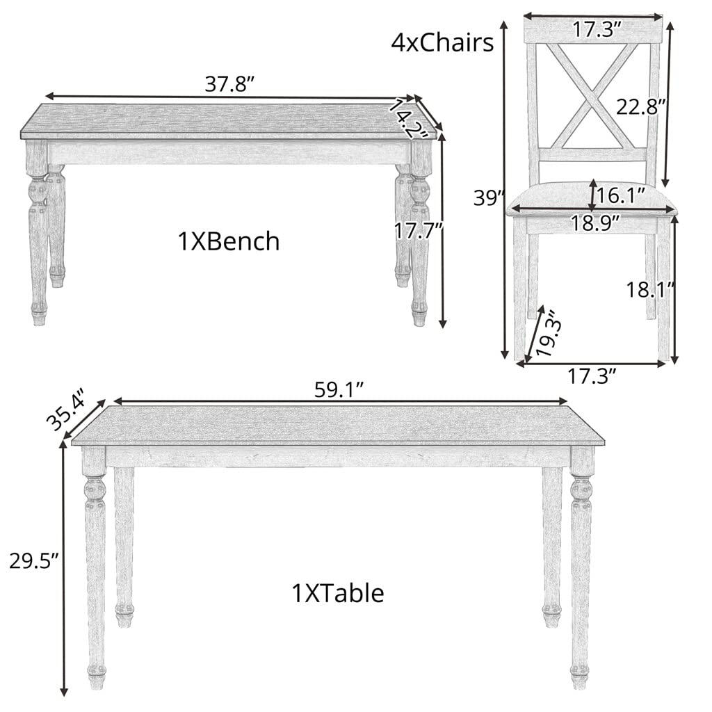 MJWDP 6 Piece Wooden Kitchen Dining Table Set with 1 Bench and 4 Upholstered Chairs, Light Green