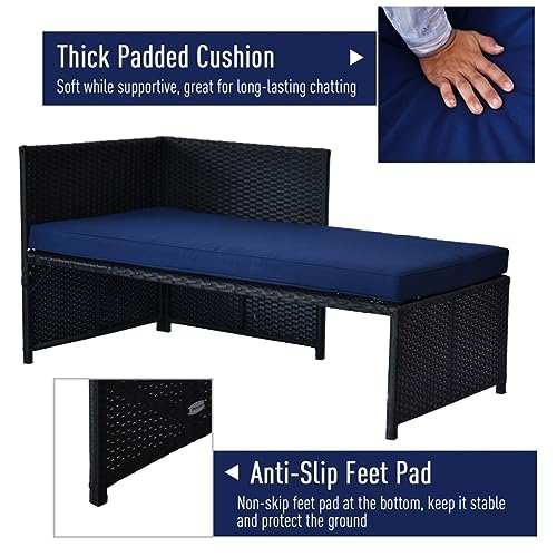 N/A Blue 3 Piece Rattan Outdoor Sofa Set with Chaise Lounge & Loveseat,Soft Cushions,Tempered Glass Table