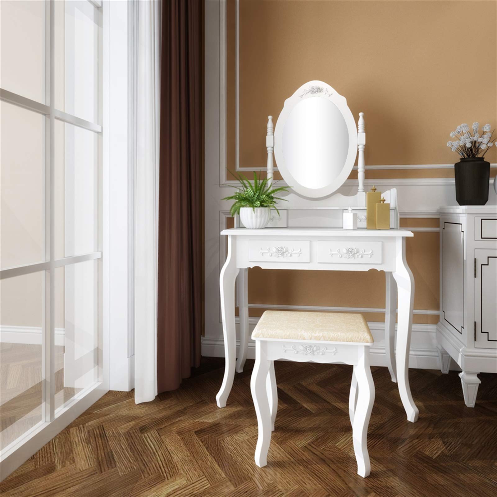 Makeup Vanity with Mirror, Vanity with 4 Drawers with Cushioned Stool for Women Girls, 360-Degree Rotation Removable Mirror Dresser Vanity Table Set with Storage Drawer & Chair