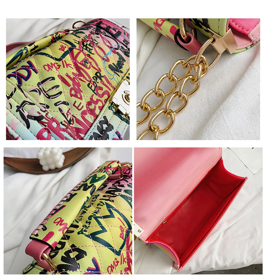 Small Rhombus Stitching Shoulder Bag, Fashion 2022 Graffiti Retangle Crossbody Handbag PU Leather (White)