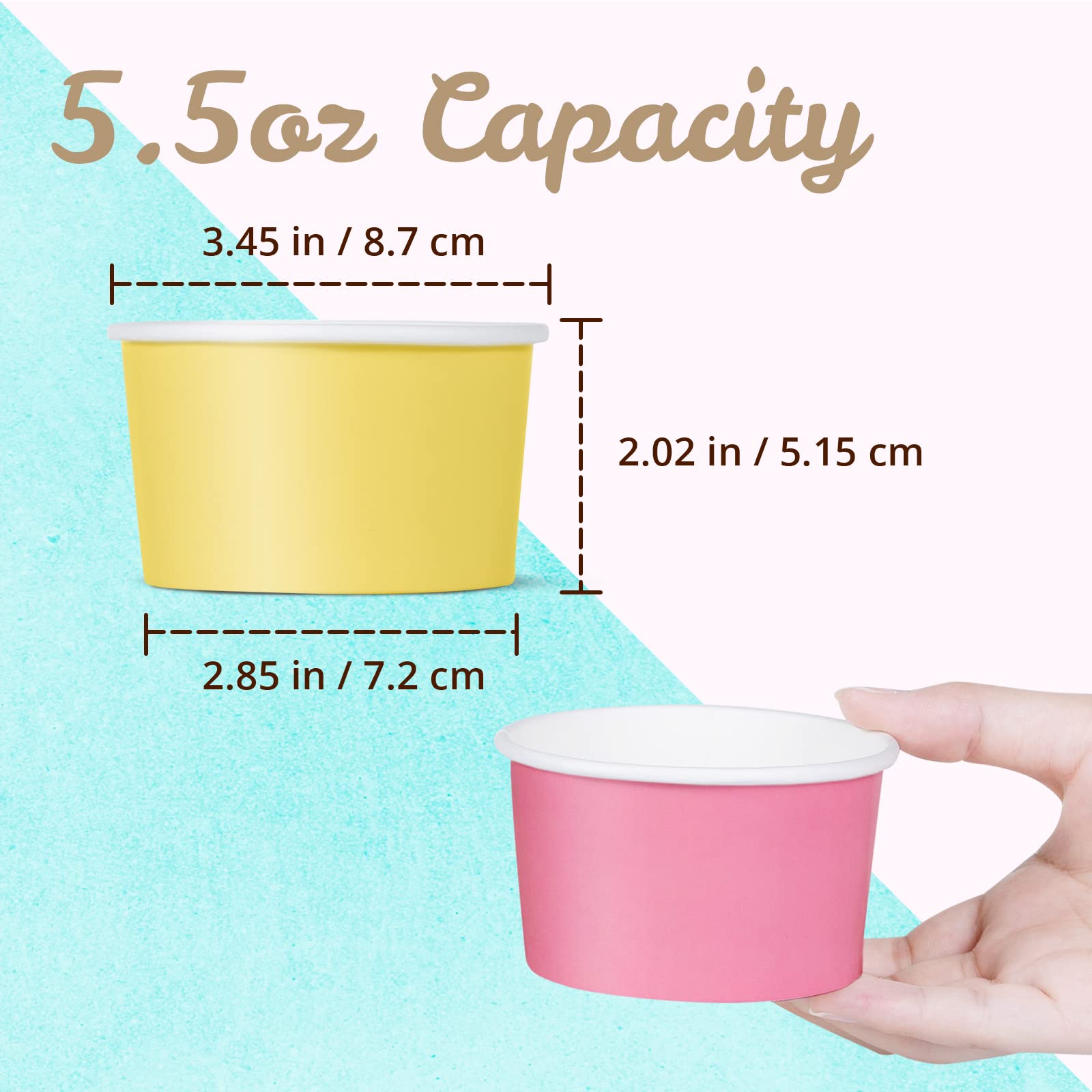 MATICAN Paper Ice Cream Cups, 50-Pack 5.5-oz Disposable Dessert Bowls for Hot and Cold, 5.5-ounce, 5 Pastel Colors