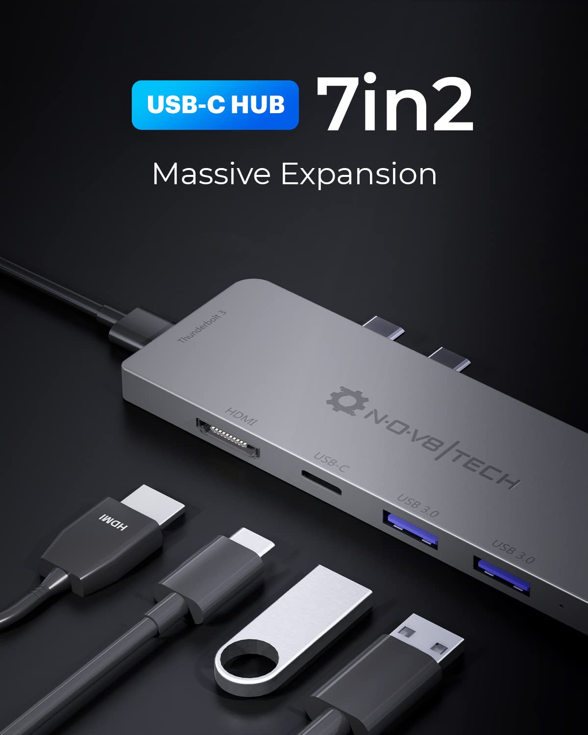 NOV8Tech USB C Hub for MacBook Air, Pro M1/M2/M3 2023/2022-2016, MacBook Air USB C Adapter Dongle, 4K HDMI, 100W PD, 40Gbps TB3 5K 60Hz, USB-C, 2 USB 3.0 and SD/Micro Card Readers (Space Gray)