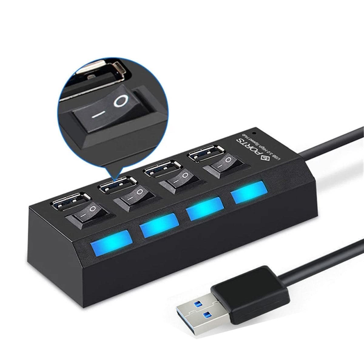 TXY 4 Port High Speed HUB USB 2.0 Hub Power On/Off Switch LED for PC Laptop USB Hub Splitter USB Adapter (Black)