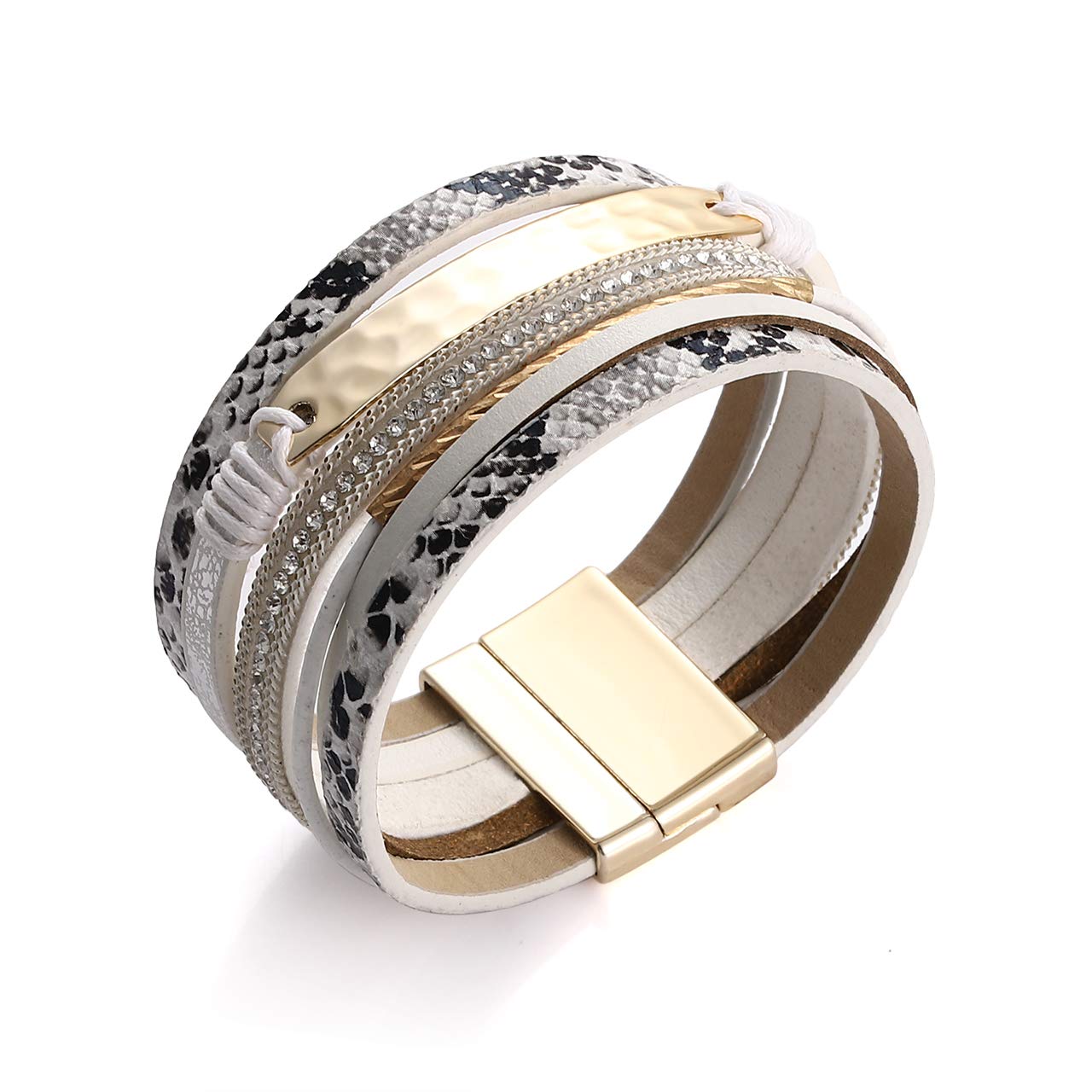 PHALIN Leather Wrap Bracelet for Women Crystal Wide Cuff Bracelets Multi-Layer Leopard Bangles Wristbands