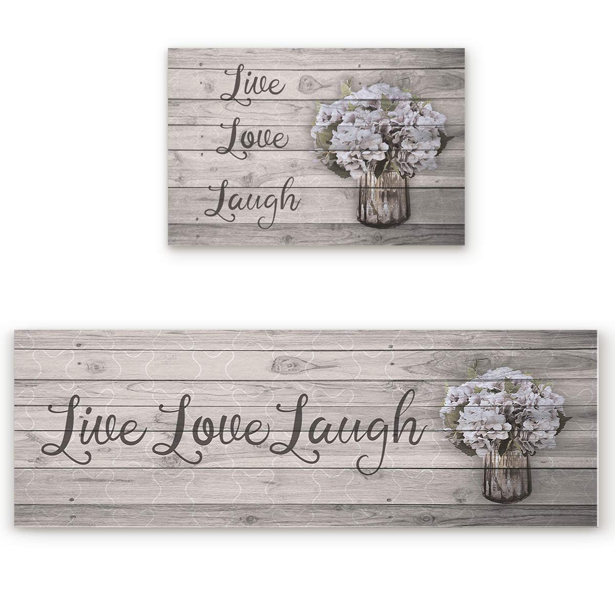 SODIKA Kitchen Rugs and Mats Non Slip Anti Fatigue Machine Washable 2 Pieces Rug Set Kitchen Mats for Floor,Live Love Laugh Vintage Hydrangea Flowers on Wooden Plank (15.7"x23.6"+15.7"x47.2" inches)