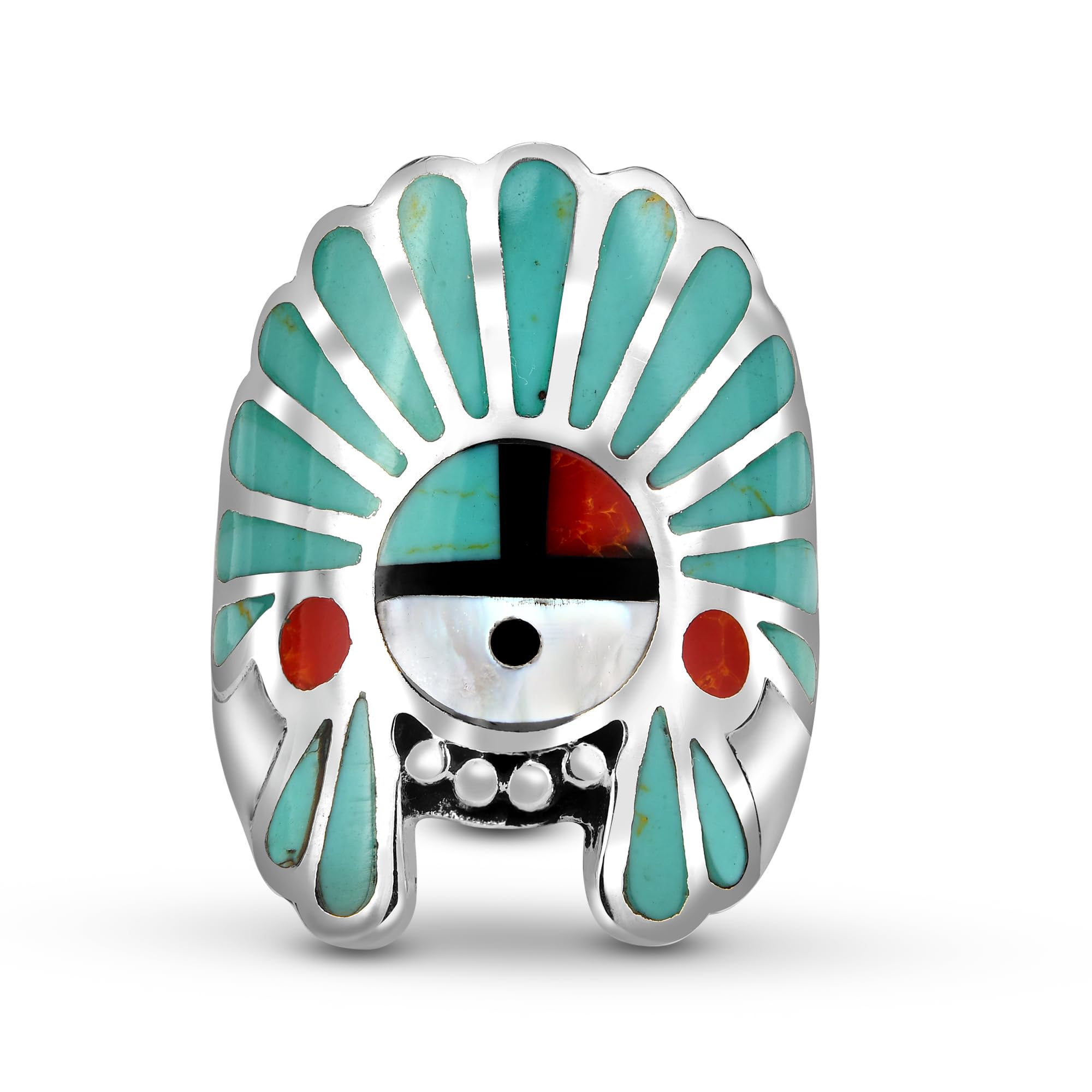 Native American Indian Symbol Simulated Turquoise-Reconstructed Red Coral .925 Sterling Silver Ring (8)