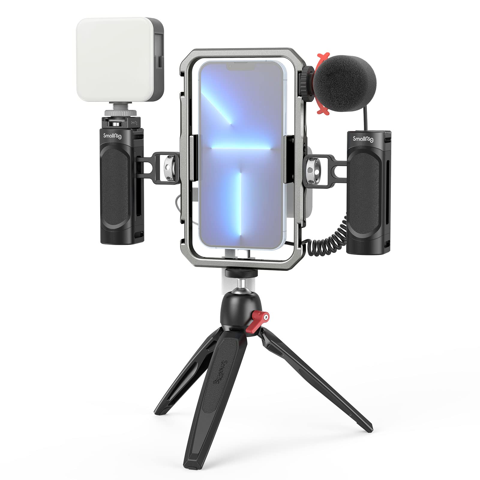 SmallRig Universal Phone Video Rig Kit for iPhone, All in One Video Kit with Tripod Side Handles LED Light Microphone Power Bank Holder, for Filming Vlogging 3610