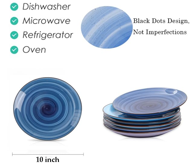 Selamica Ceramic 10 inch Dinner Plates, Large Pasta Dessert Salad Plates, Porcelain Serving Plate for Appetizer, Pancakes, Steak, Set of 6, Black Speckles, Gradient Blue