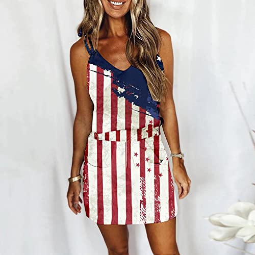 Tenworld Beach Women Summer Dress Independence Day Print Striped Spaghetti Strap Mini with Pocket Shirt Classy Party Red